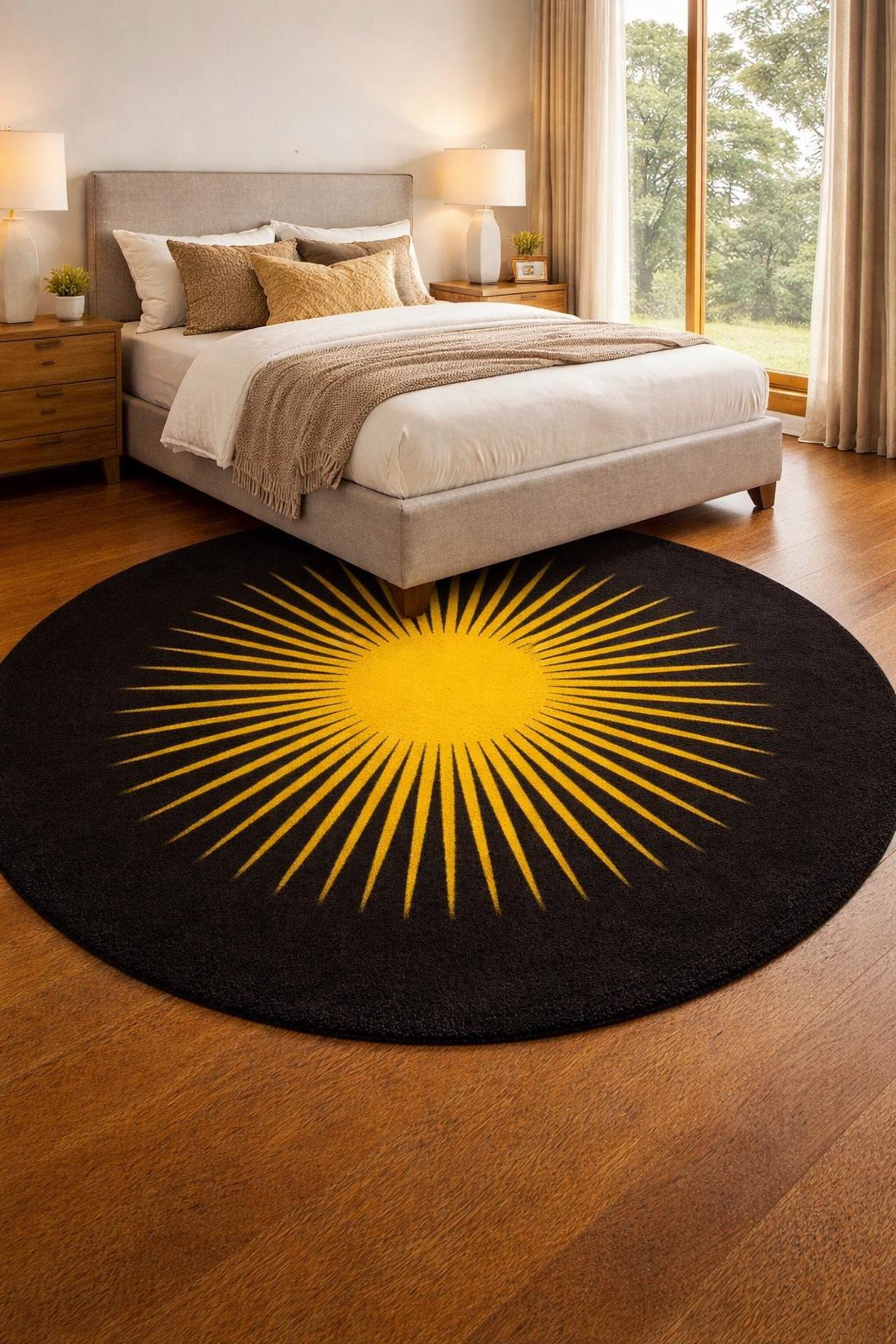 Yellow Sunburst in Black Background Round Hand Tufted Rug. Handmade Rug ...