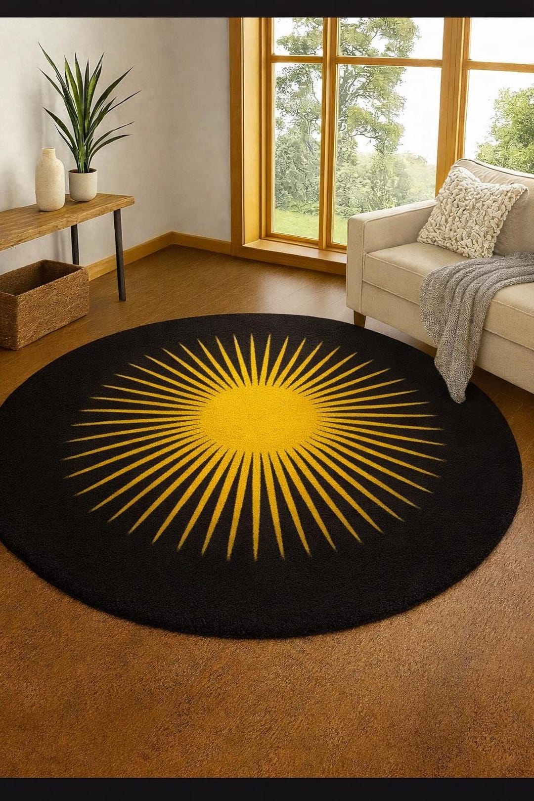 Yellow Sunburst in Black Background Round Hand Tufted Rug. Handmade Rug ...