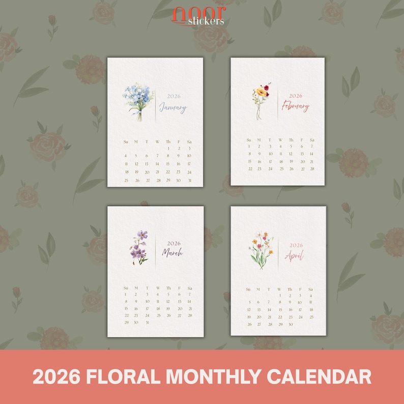 2026 Floral Calendar Printable A6, Watercolor Monthly PDF, Digital ...