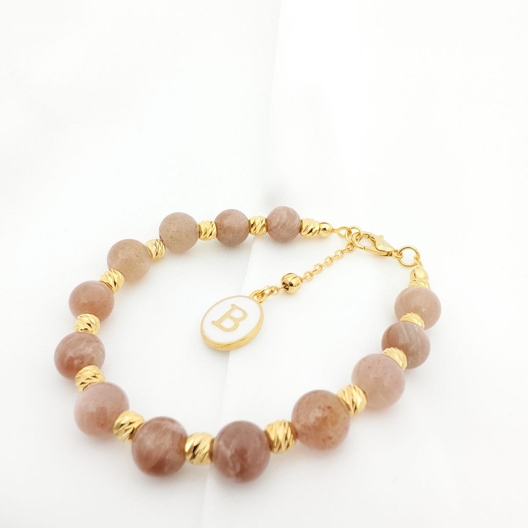 Sunstone Bracelet With Letter Charm – Natural Gemstone Jewelry for ...