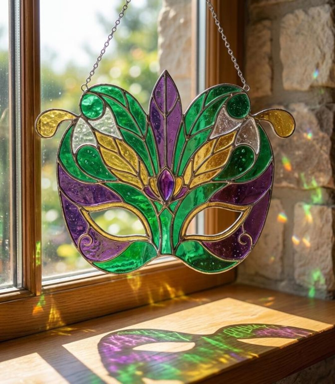 Mardi Gras Mask Suncatcher | Stained Glass Style Carnival Mask | Purple ...