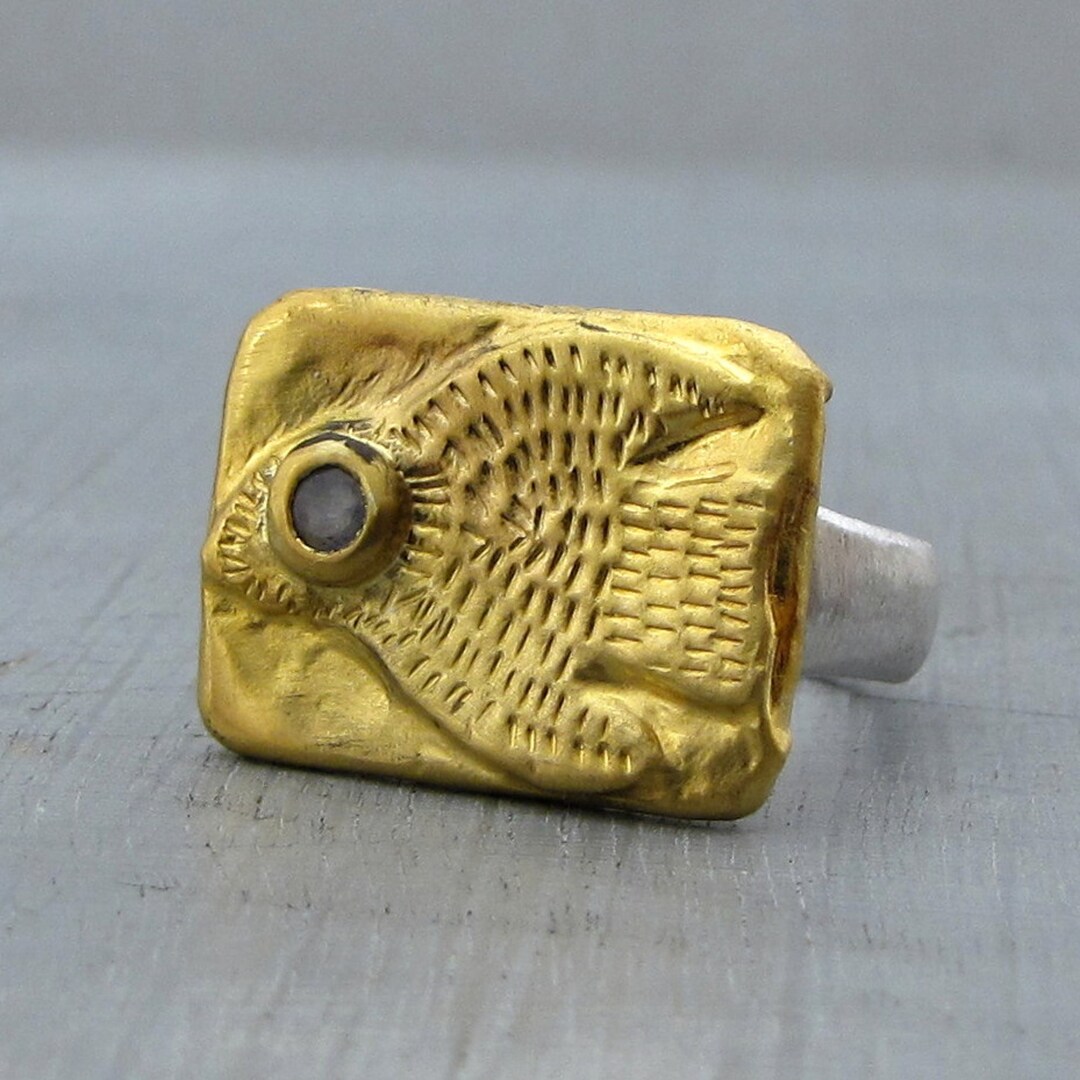 24k Gold & Silver Moonstone Signet Bird Ring - Etsy