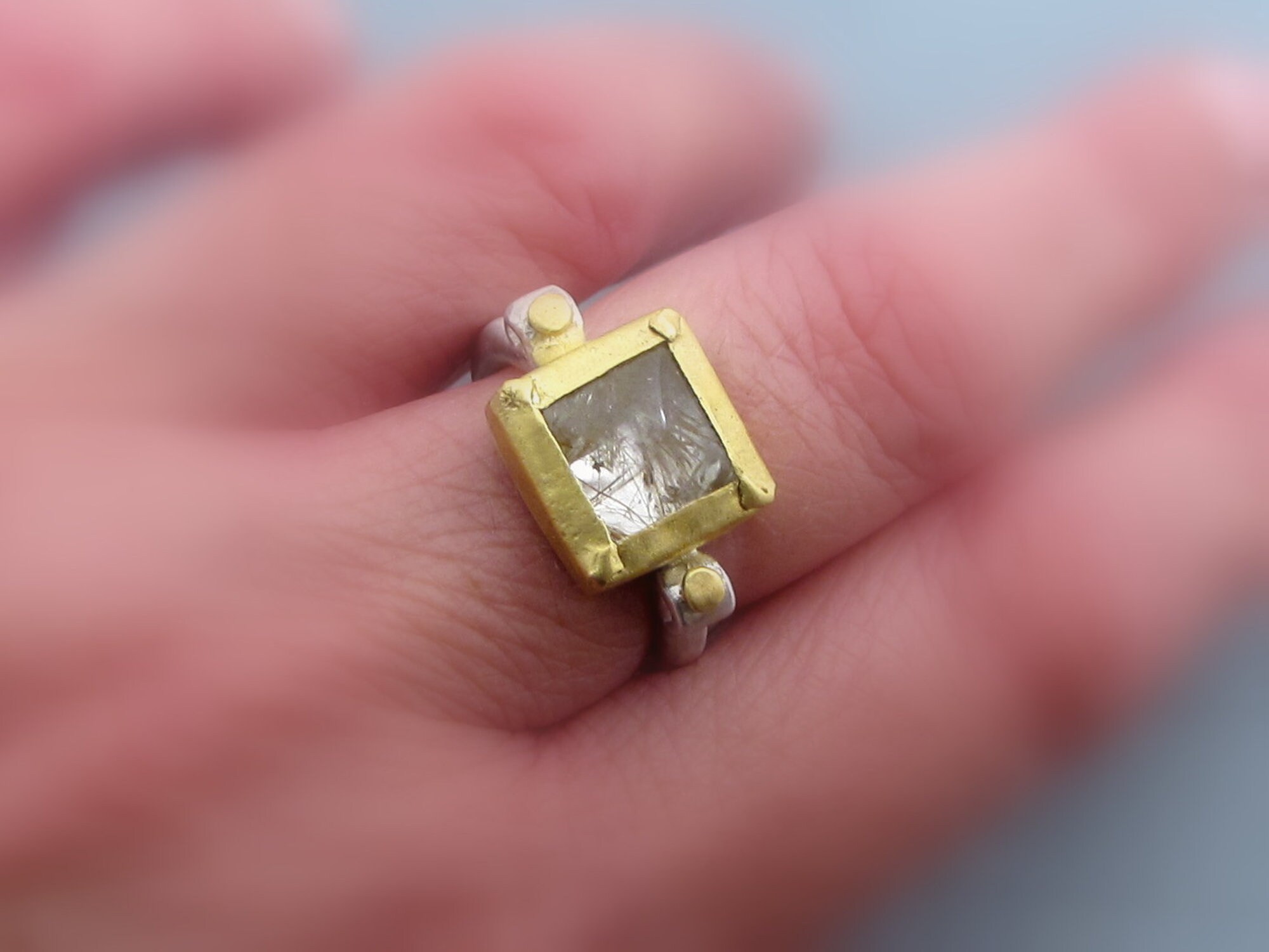 24k gold & Sterling Silver Ring Square Rutile Quartz Gold | Etsy