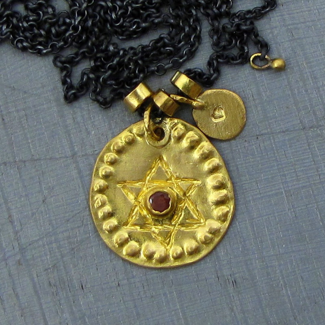 Magen David 22k Gold Necklace, Handmade Solid Gold & Tourmaline Star of David, Gold and Silver ...