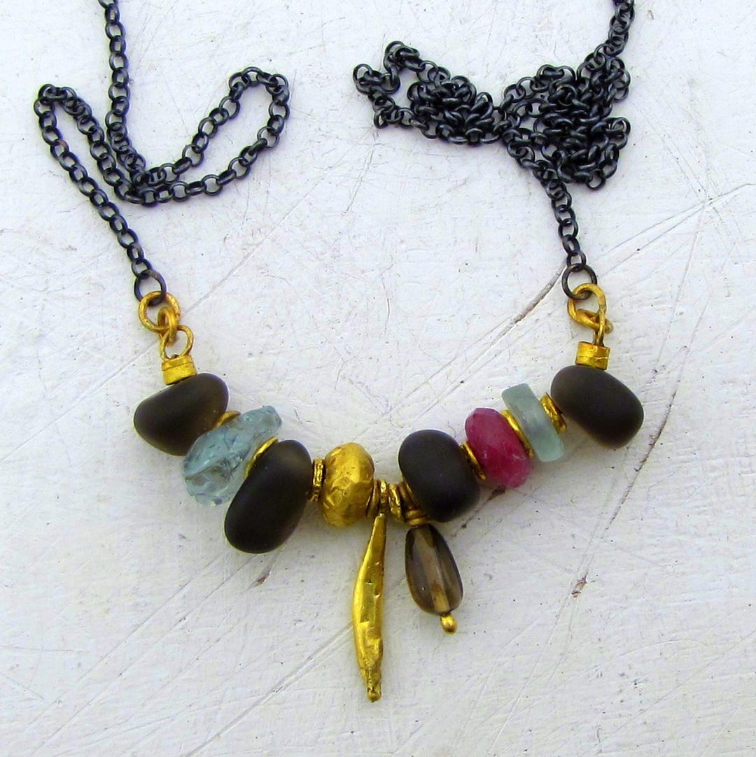 RESERVED for Maria - Solid 24k Gold and Gemstone Beads Necklace - Gold ...