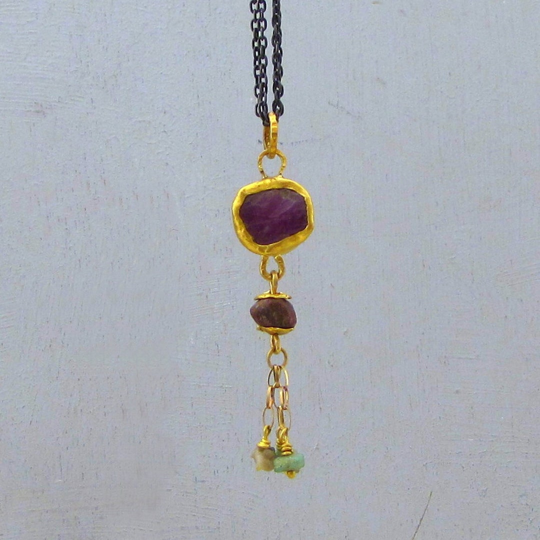 Rough Ruby Tassel Necklace - Solid 24k Gold Ruby Pendant - Etsy