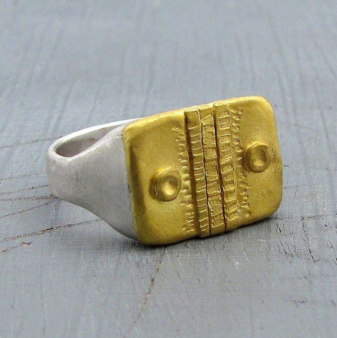 24K Gold and Silver Rectangle Ring, Unique Textured Design Ring - Etsy