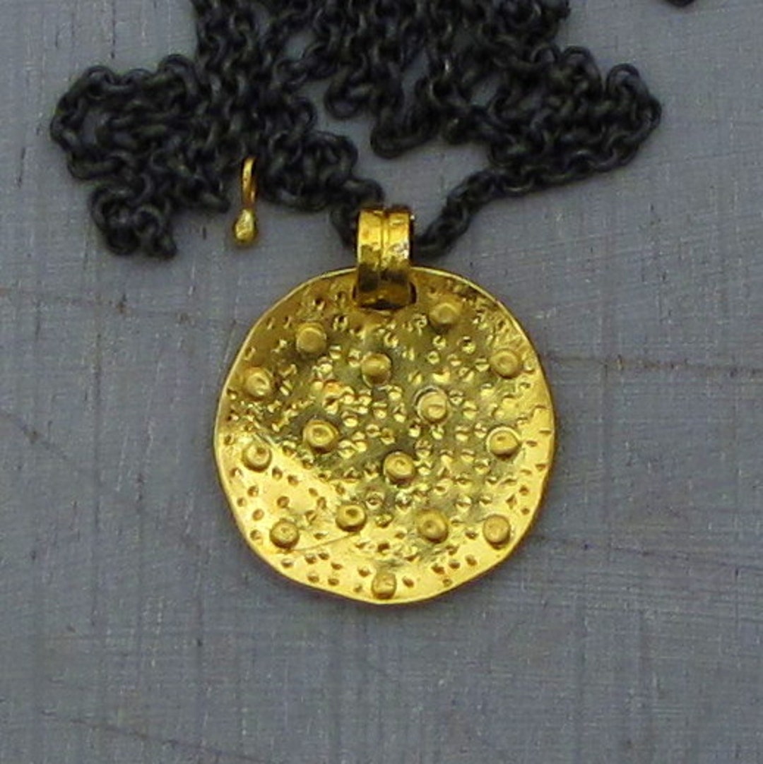 24k Solid Gold Round Pendant / Handmade 24 Karat Gold and Silver Chain ...
