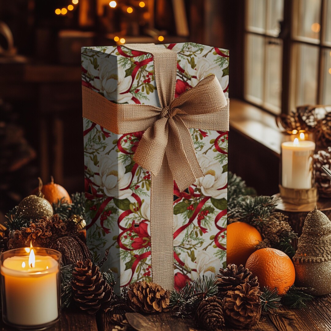 Red and White Floral Magnolia Wrapping Paper | Holiday Botanical Gift ...