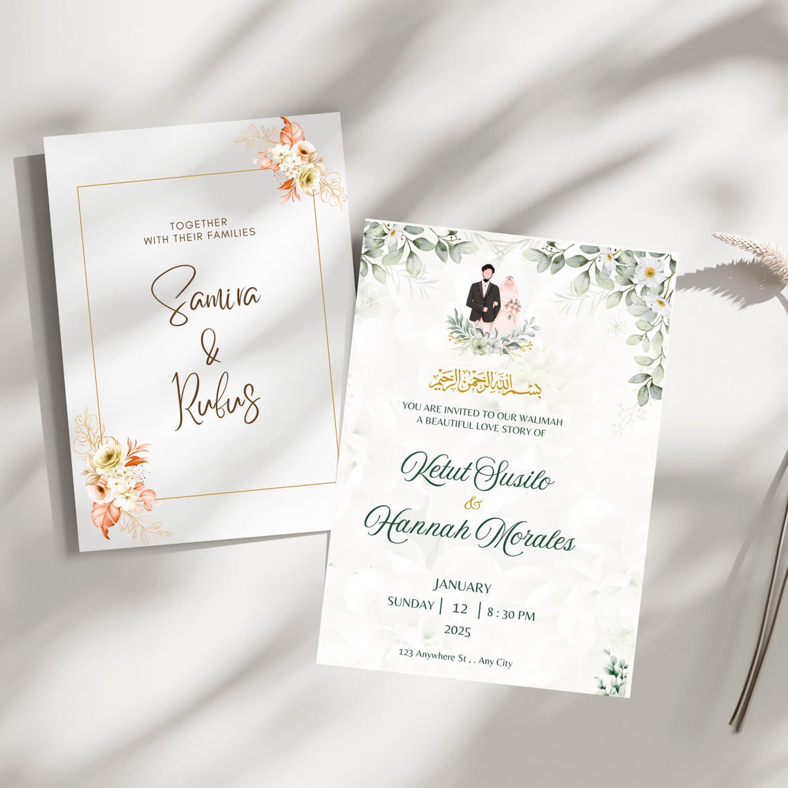 Elegant Islamic Nikkah Invitation | Green & White Floral Walima Wedding ...