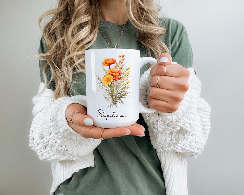 October Birth Flower Mug, Custom Name Coffee Mug, Marigold Floral Gift ...