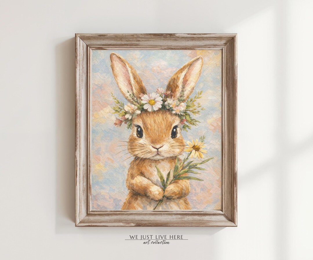 Spring Bunny Portrait Printable Wall Art, Easter Nursery Decor, Floral ...