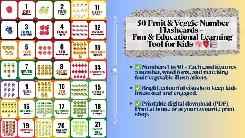 50 Numbers Flashcards for Kids | Fruit and Vegetable Counting Cards ...