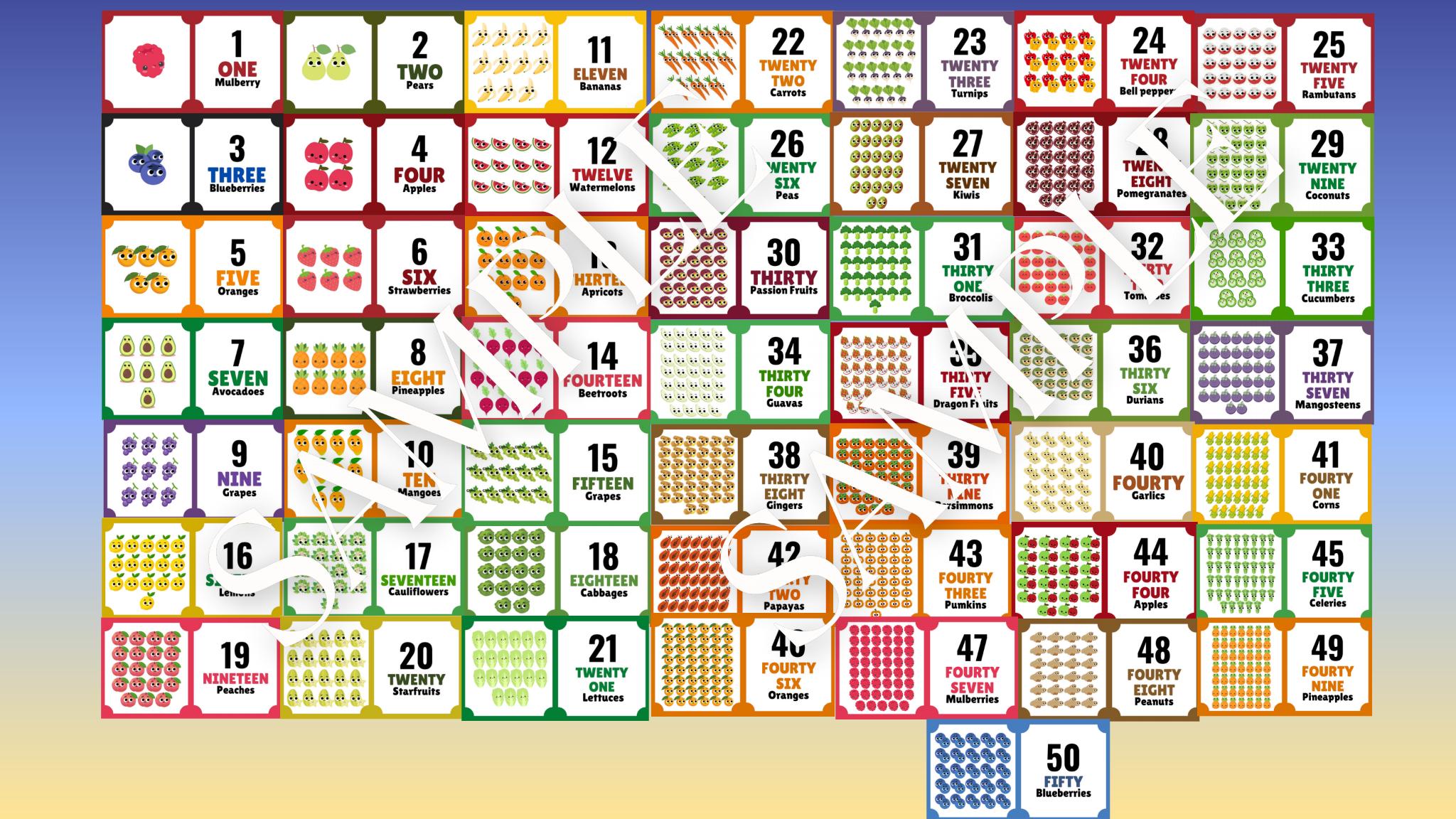 50 Numbers Flashcards for Kids | Fruit and Vegetable Counting Cards ...