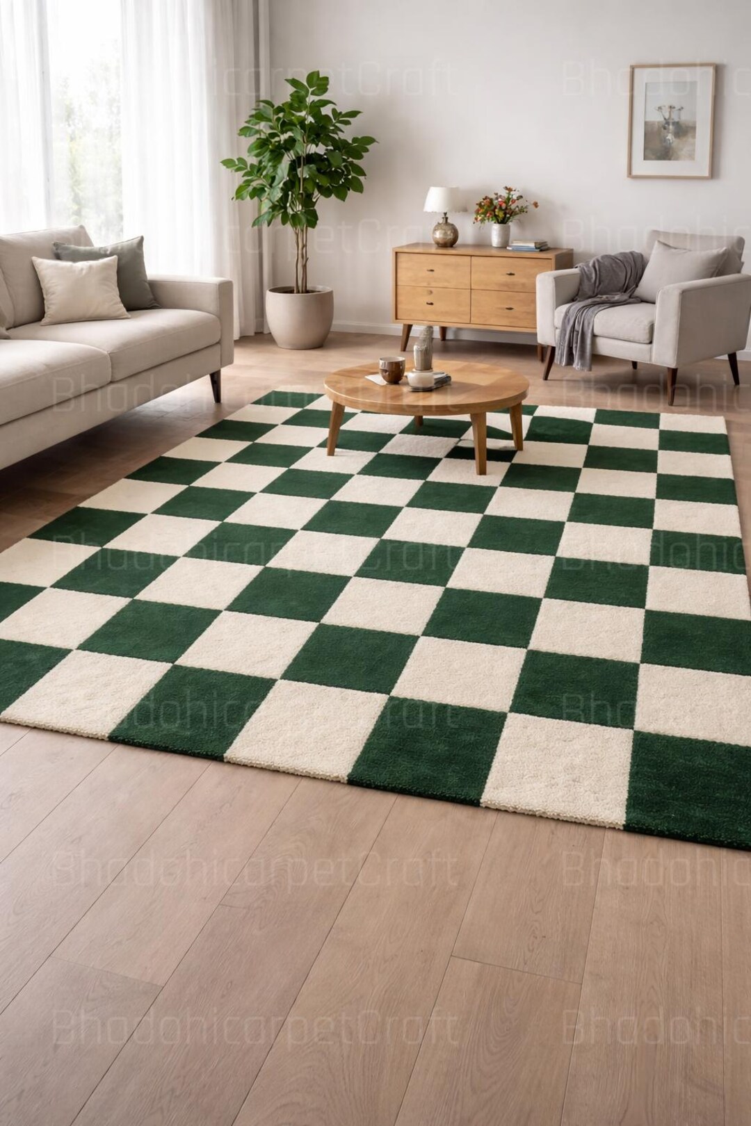 Green Checkered Rug | Handmade Tufted Modern Carpet - Etsy