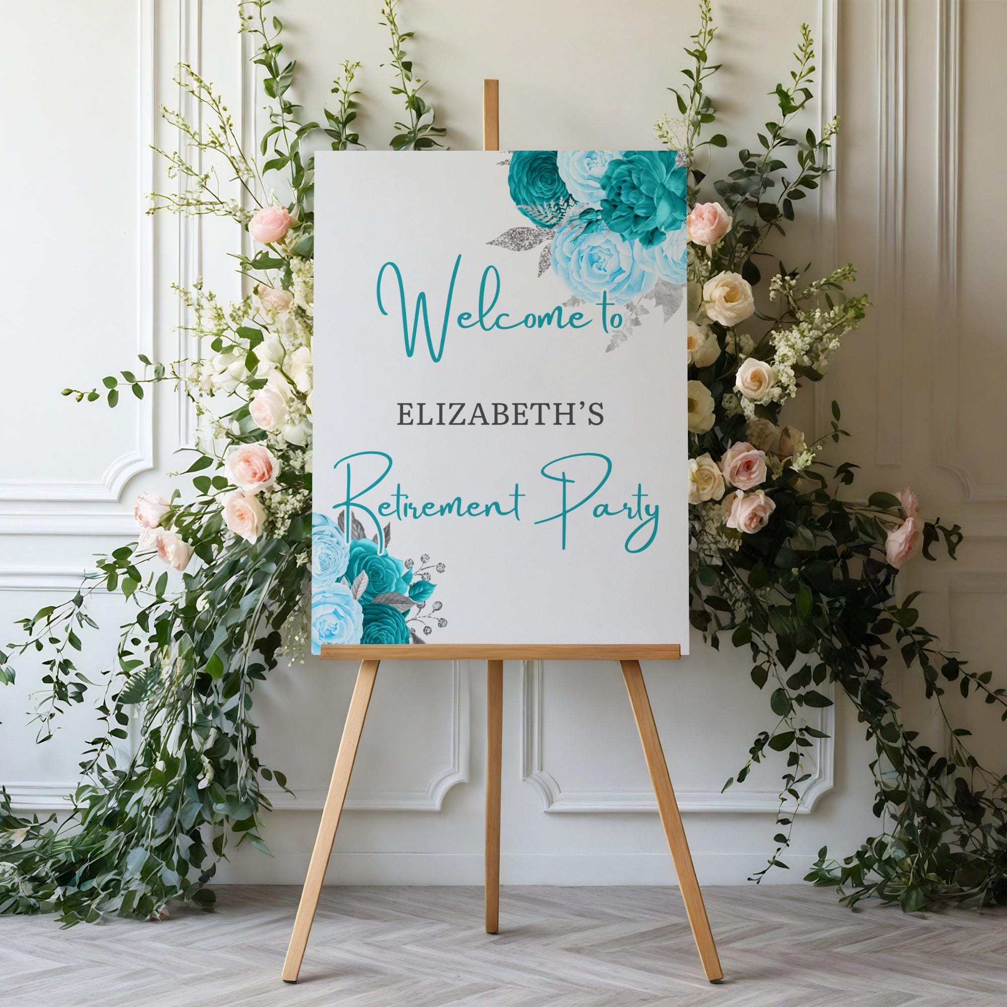 Turquoise Floral Retirement Welcome Sign Template: Editable Party ...