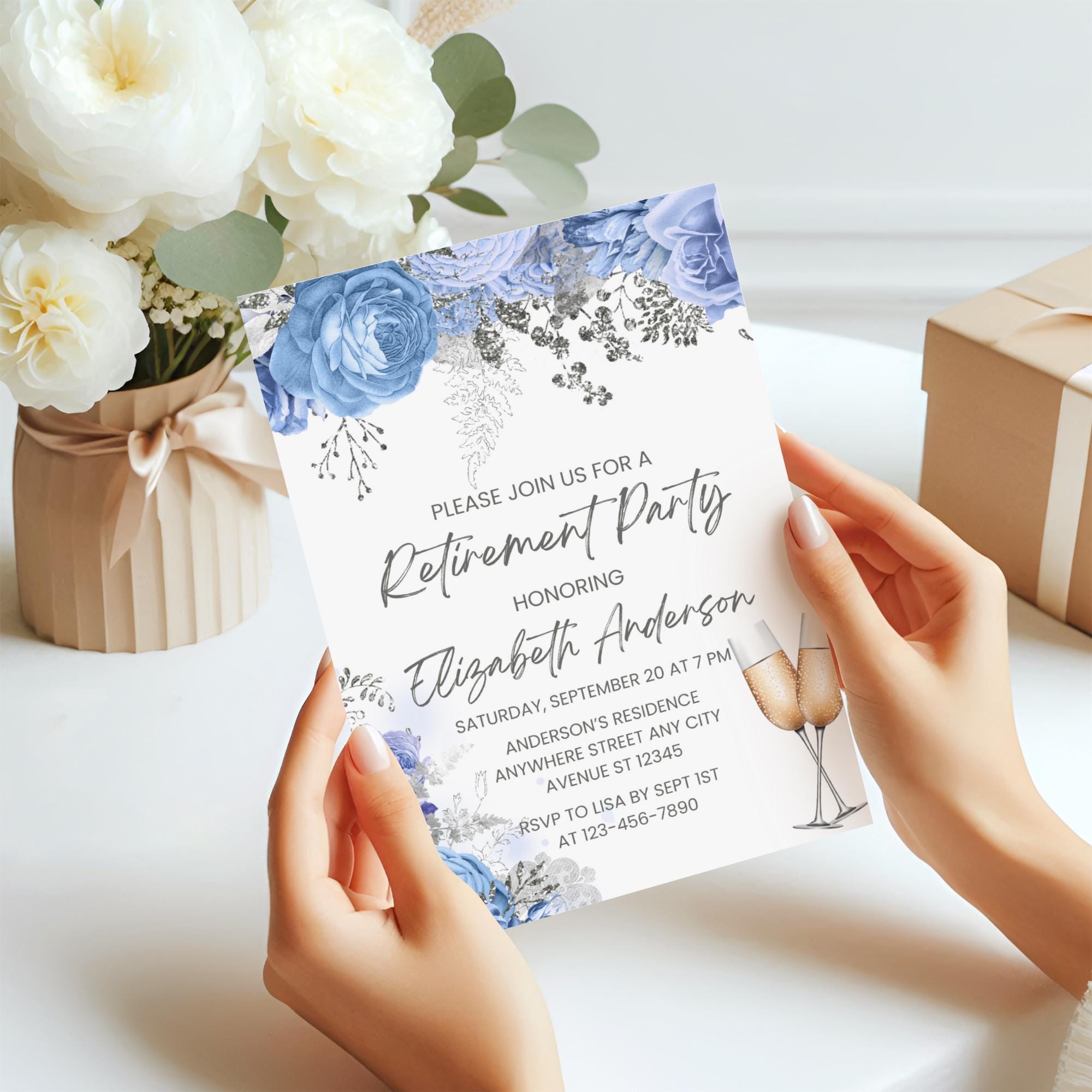 Blue Floral Retirement Invitation, Retirement Party Invite, Blue ...