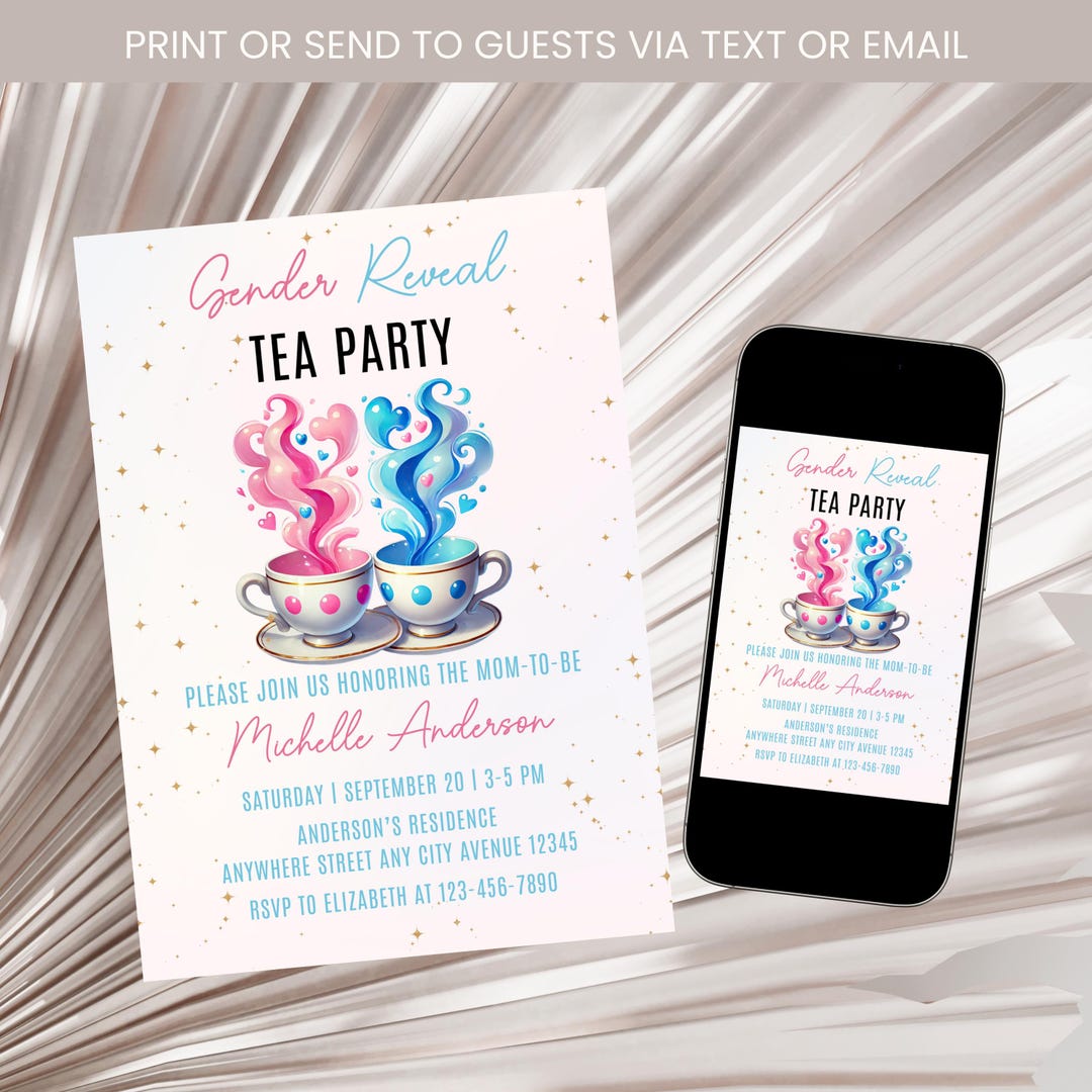 Tea Party Gender Reveal Invitation, Baby Reveal Invite, Pink or Blue ...