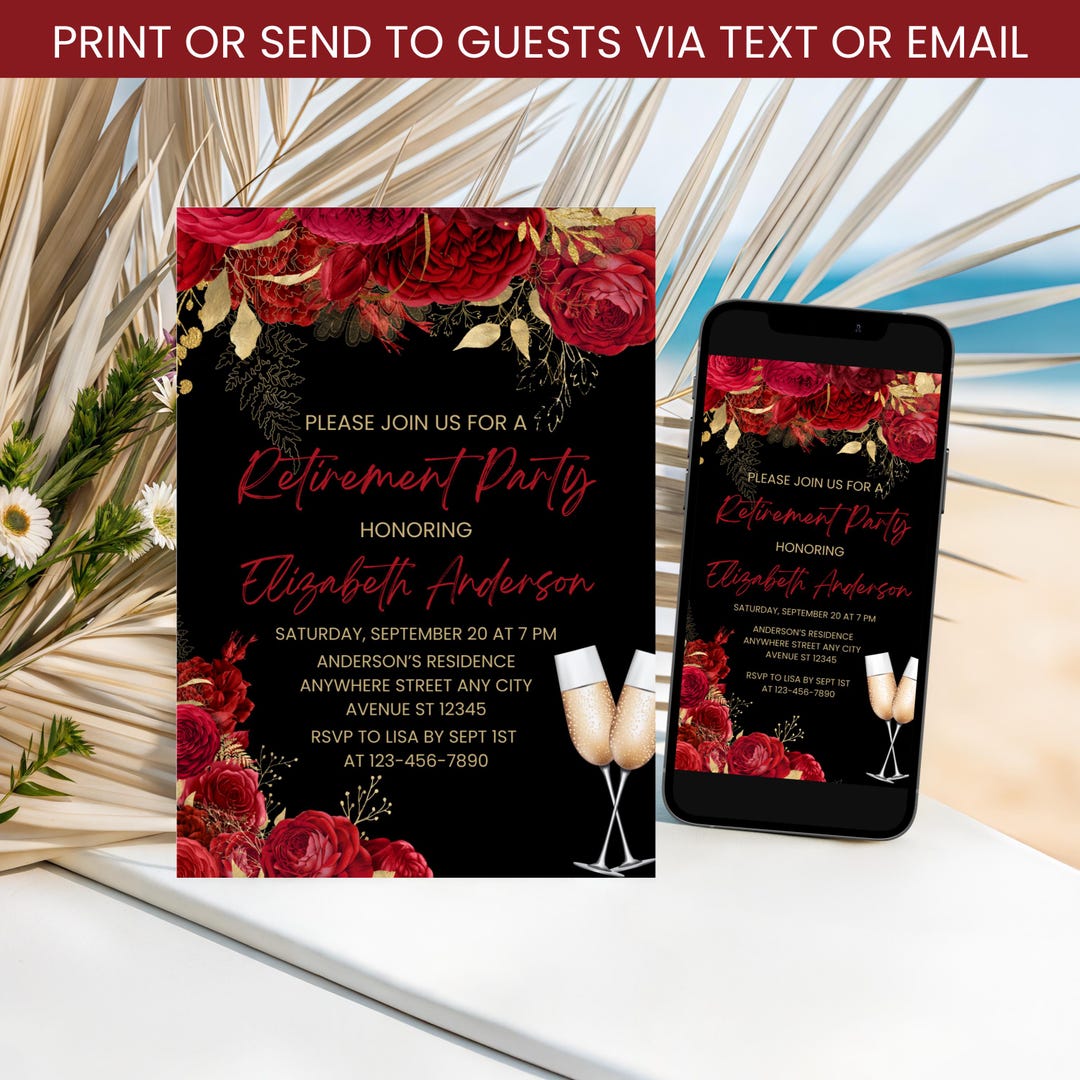Digital Retirement Invitation, Women Retirement Party Invitation, Red ...