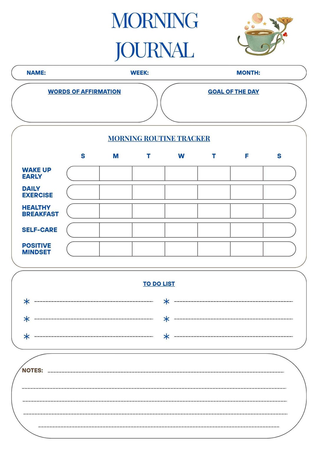 Morning Journal – One Page Digital Planner | Printable Daily Routine ...
