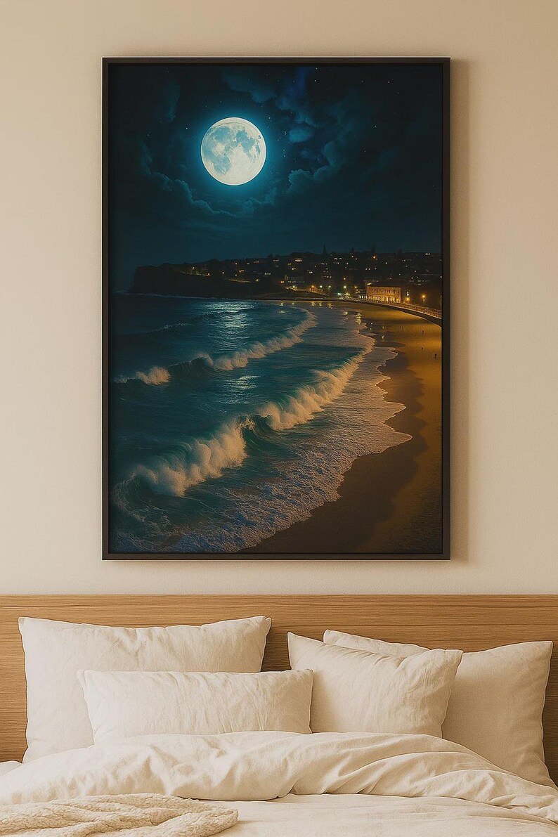 Moonlit Ocean Waves at Night - Coastal Digital Wall Art \ Full Moon ...