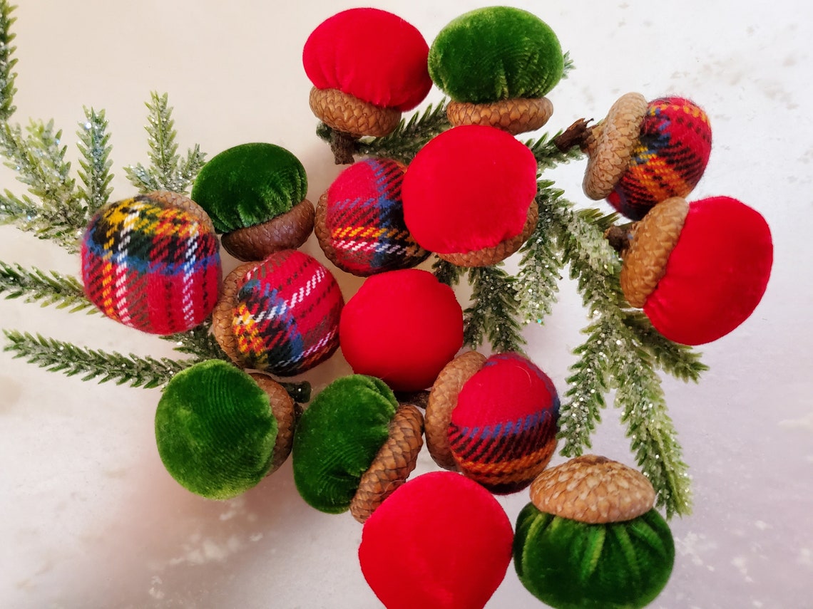 15 Silk Velvet and Plaid Acorns With Real Acorn Caps CA - Etsy