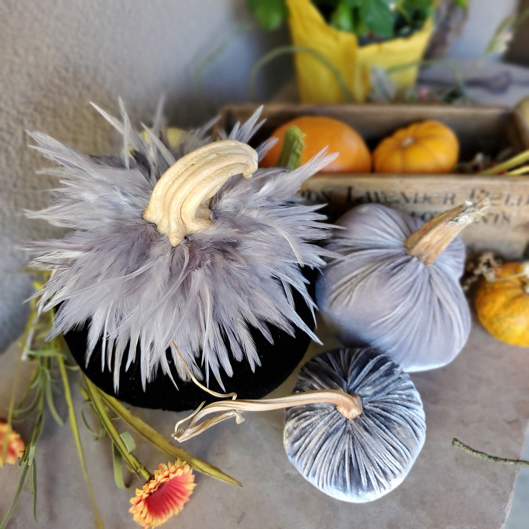 One Feather and 2 Silk Velvet Pumpkins With Real Stems 2006 - Etsy