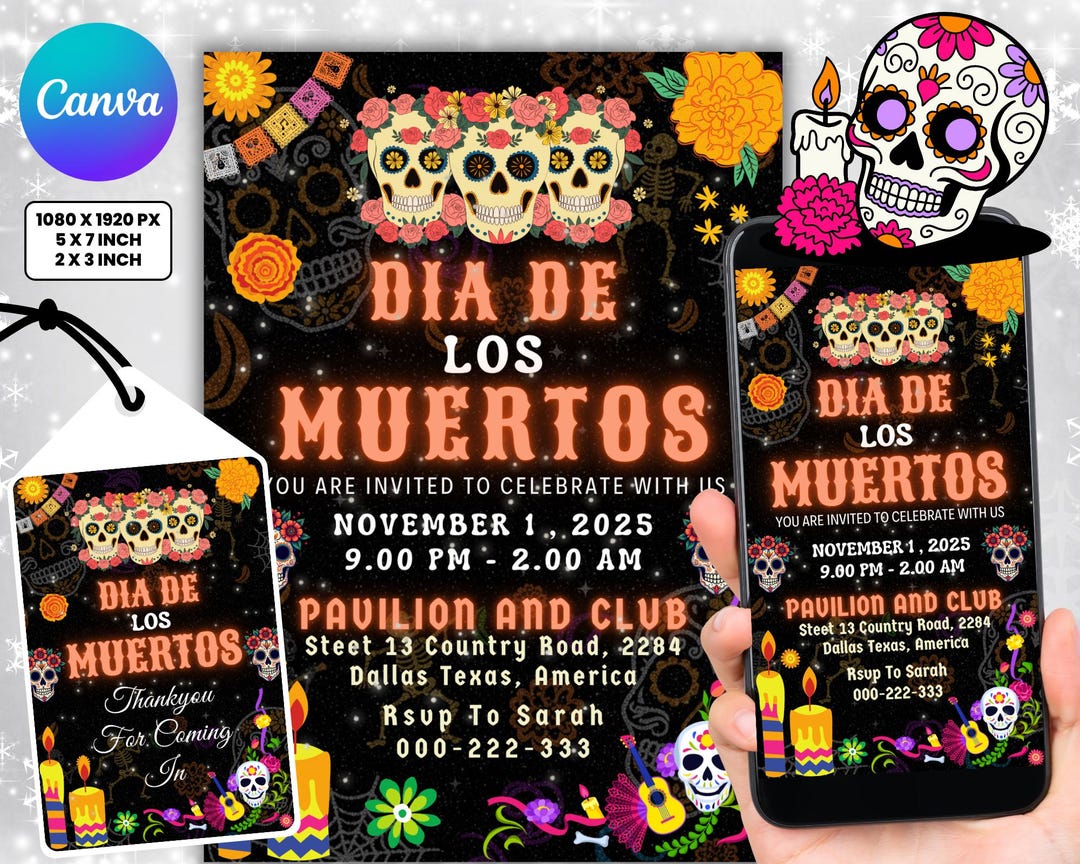 Dia De Muertos Party Invitation: Catrina Sugar Skulls Template ...