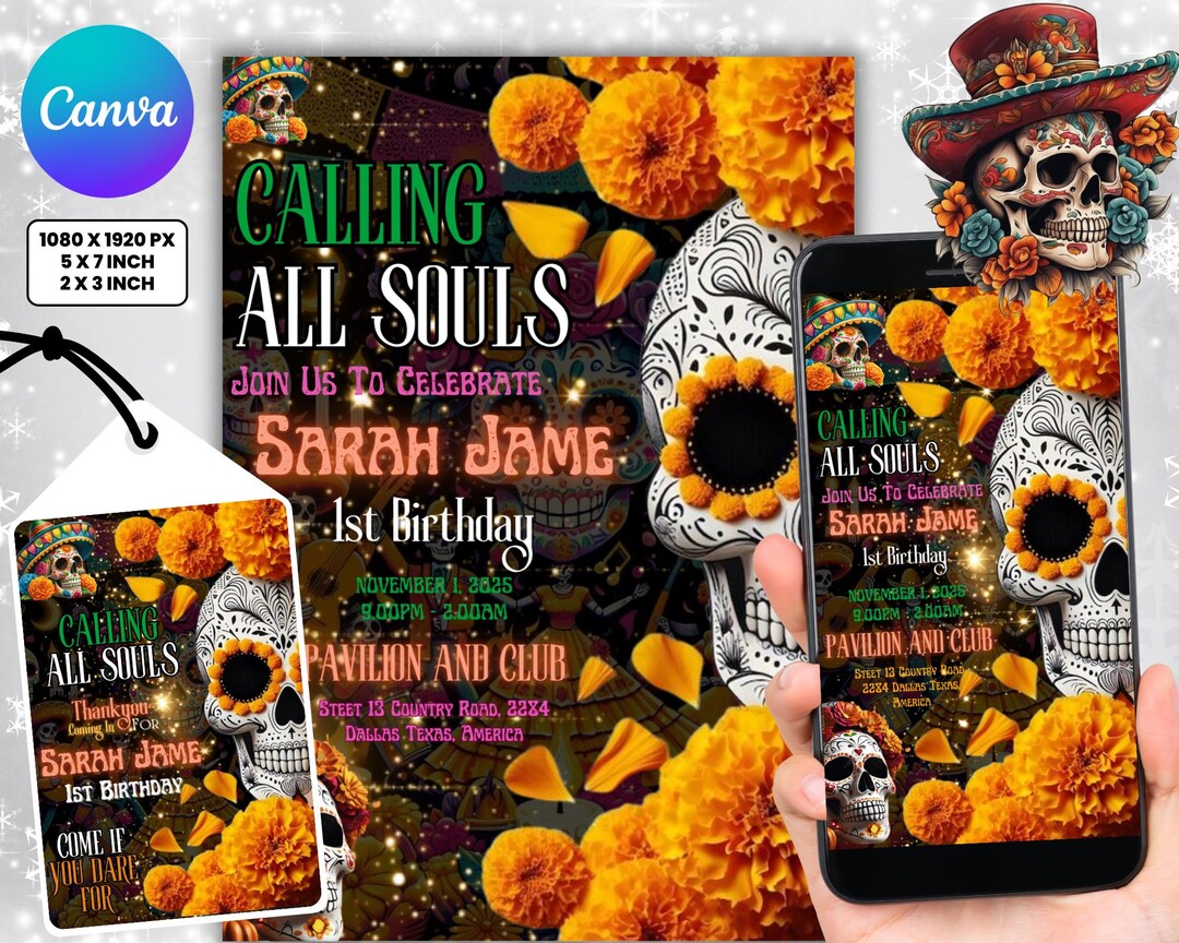 Dia De Muertos Party Invitation: Catrina Sugar Skulls Template ...
