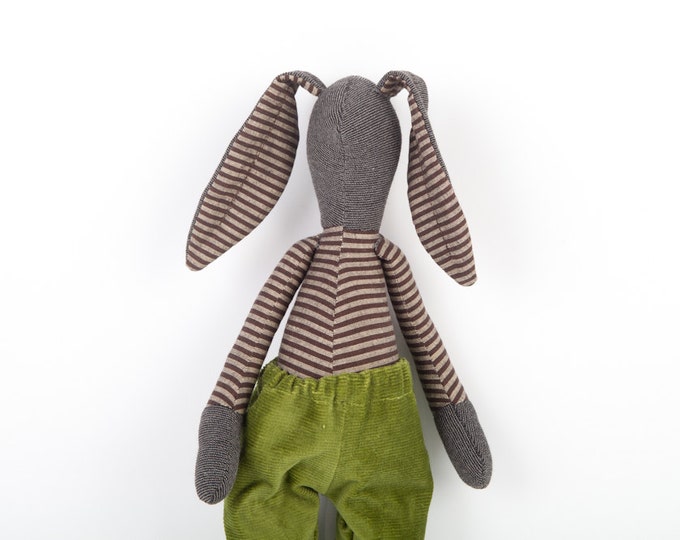 Plush Dark Gray Rabbit in Brown Stripes Shirt Wearing Olive Green ...