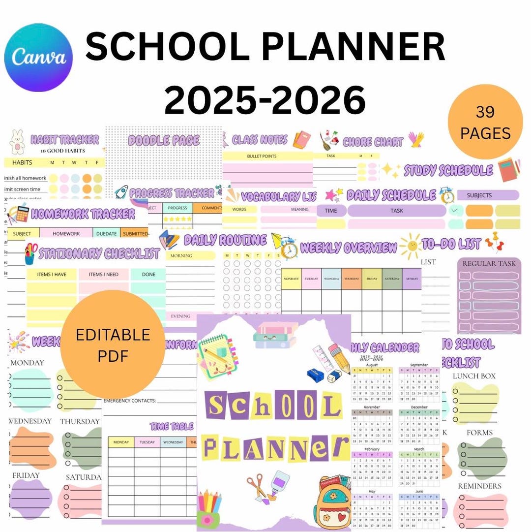 2025-2026 Editable School Planner | Student Academic Canva Template ...