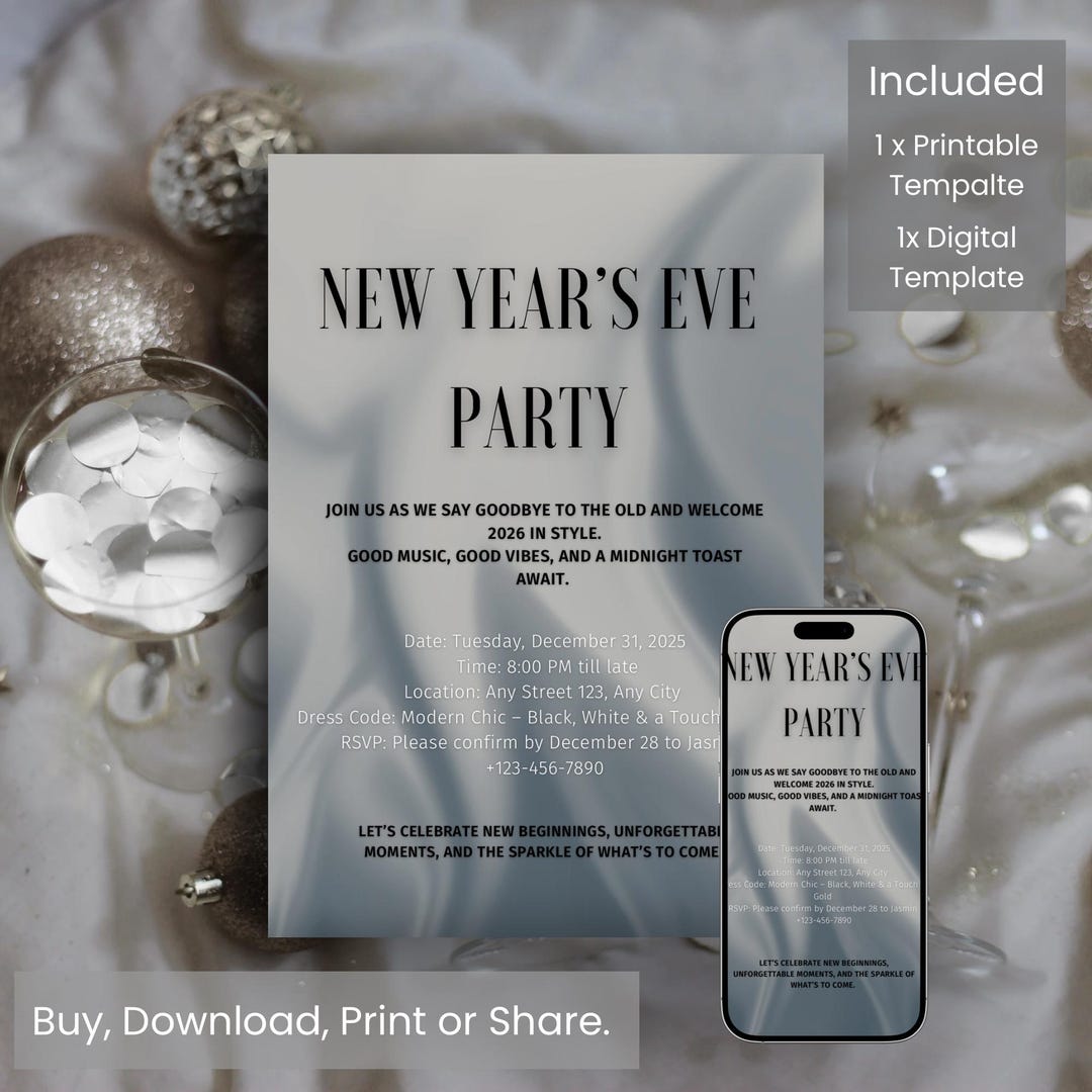 New Year's Eve Party Invitation Template | Editable NYE Invite | Modern ...
