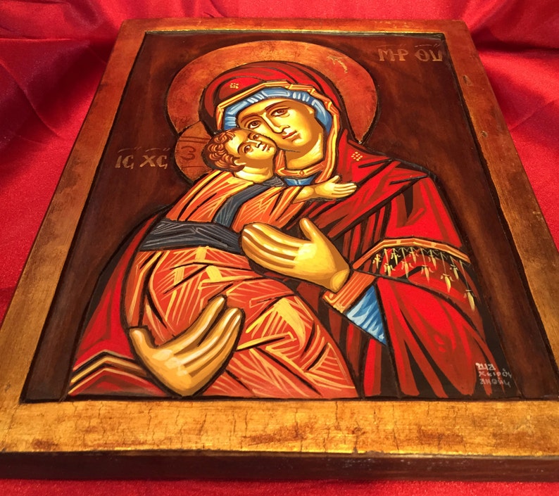 Hand Painted Theotokos With Christ Wooden Hand Carved Icon - Etsy