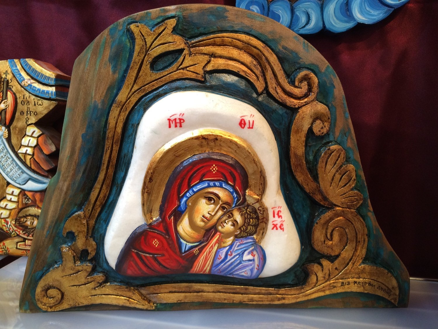 Hand Painted Icon Theotokos on Carved Marble 30x40cm - Etsy