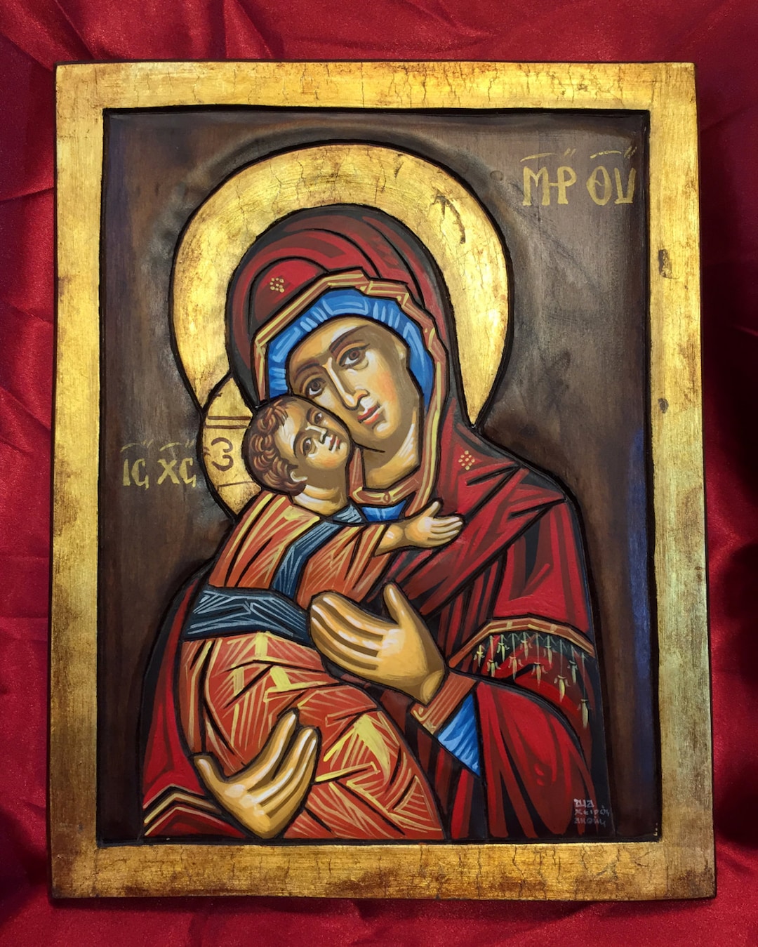 Hand Painted Theotokos With Christ Wooden Hand Carved Icon 30x40cm ...