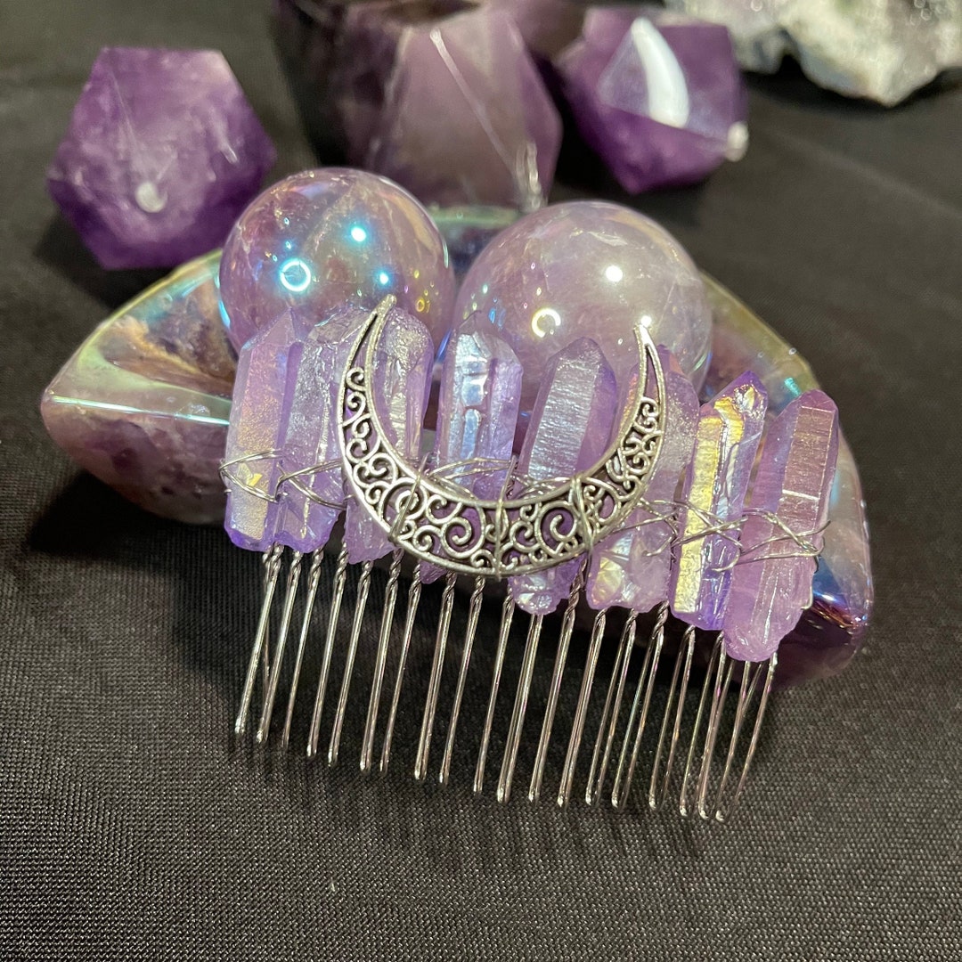 Aura Amethyst Point Crystal Hair Comb, Filigree Half Moon, Iridescent ...
