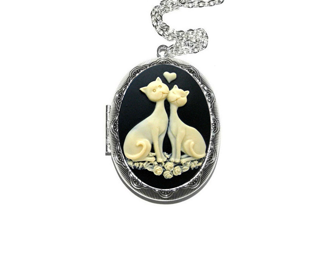 Cream and Black Kitty Love Cats Cameo Locket Necklace, Vintage Ornate ...