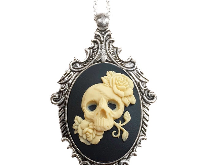 Cream and Black Floral Skull Cameo Necklace, Victorian Ornate Antique ...