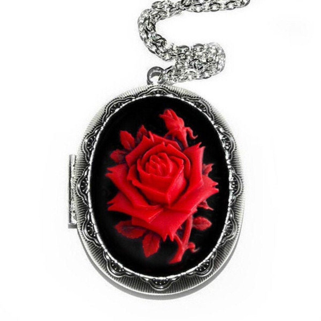 Red Rose Locket Necklace, Cameo Vintage Antique Silver Pendant, Photo ...