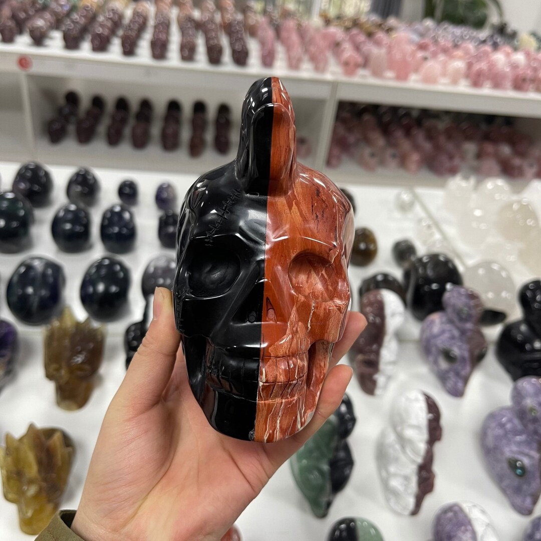 Obsidian & Jasper Flame Skull: Hand Carved Crystal Decor - Etsy