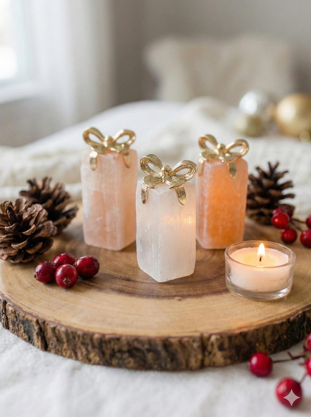Selenite Crystal Gift Box • Holiday Decor With Gold Bow - Etsy