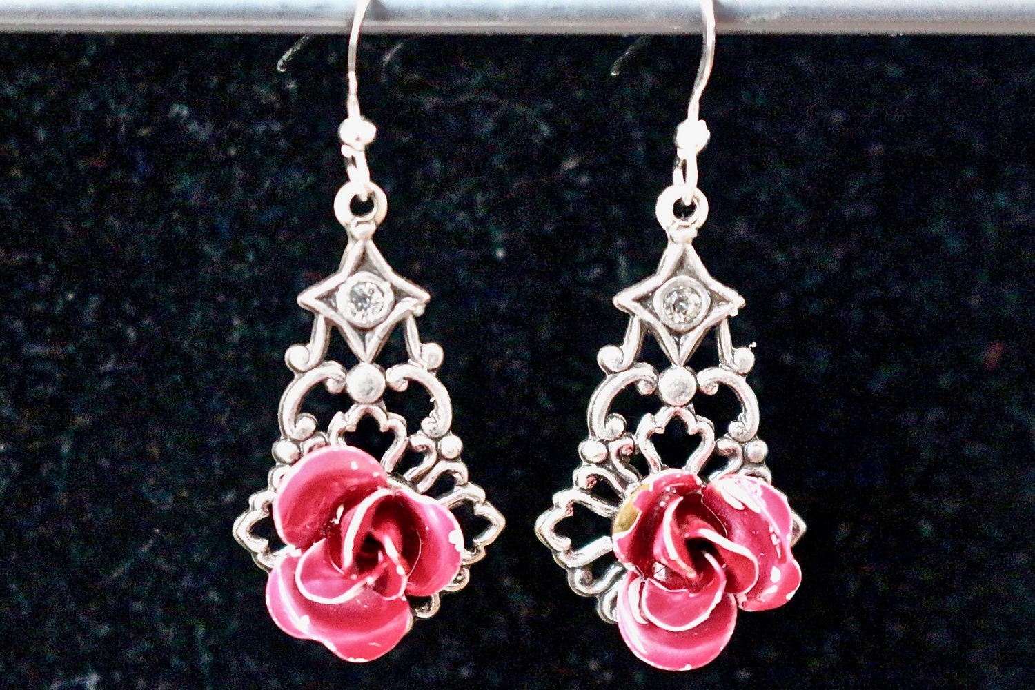 Vintage Enamel Rose Earrings, Reclaimed Assemblage, Silver Pierced ...