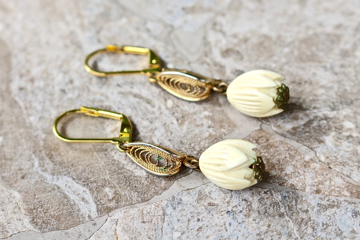 Vintage Celluloid Earrings, Ivory Tulip, Cream, Gold, Filigree, Pierced ...