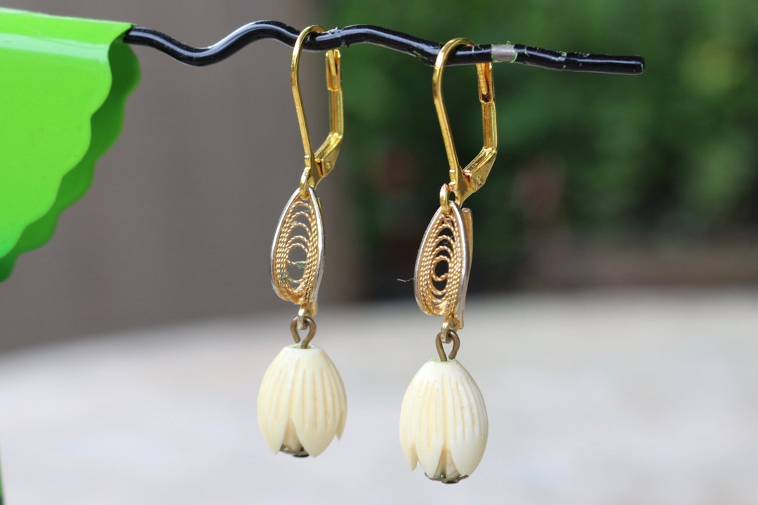 Vintage Celluloid Earrings, Ivory Tulip, Cream, Gold, Filigree, Pierced ...
