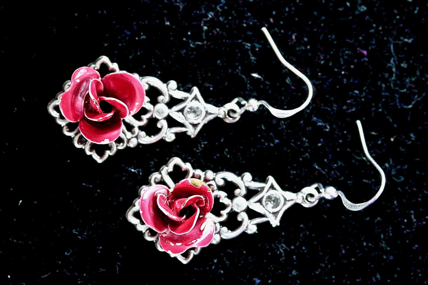Vintage Enamel Rose Earrings, Reclaimed Assemblage, Silver Pierced ...