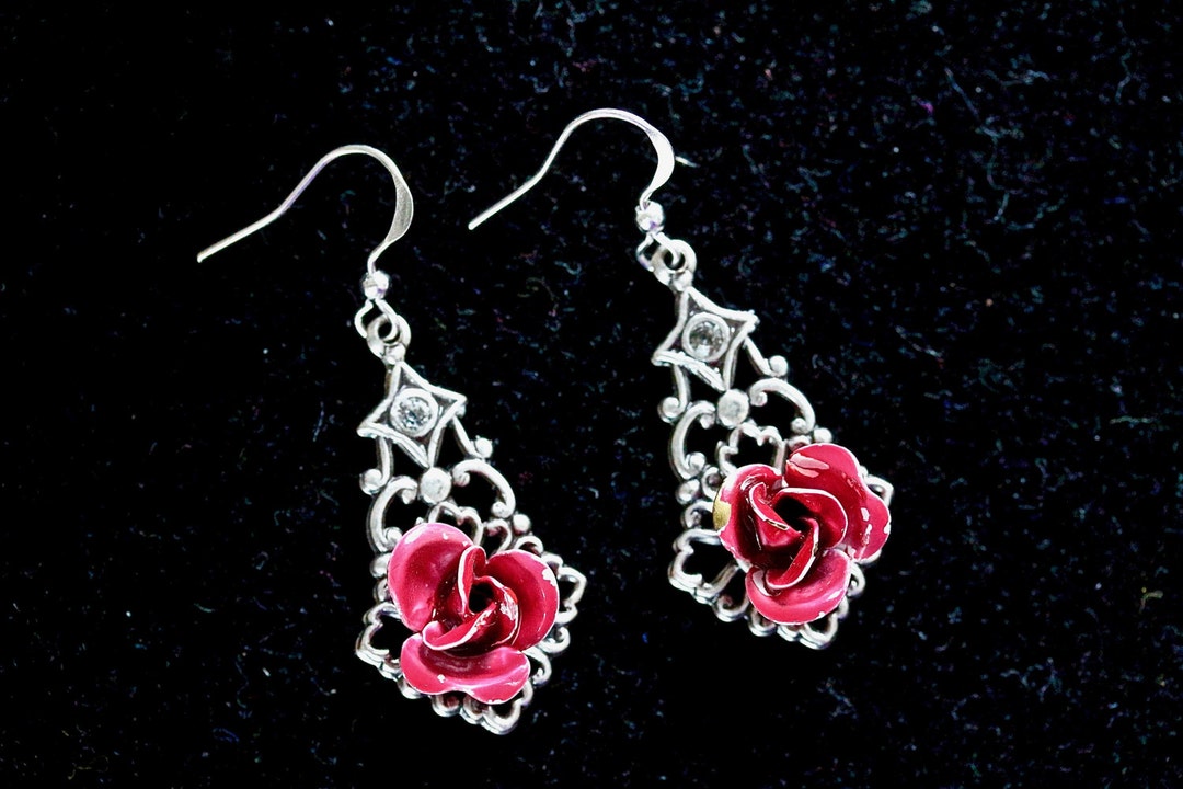 Vintage Enamel Rose Earrings, Reclaimed Assemblage, Silver Pierced ...