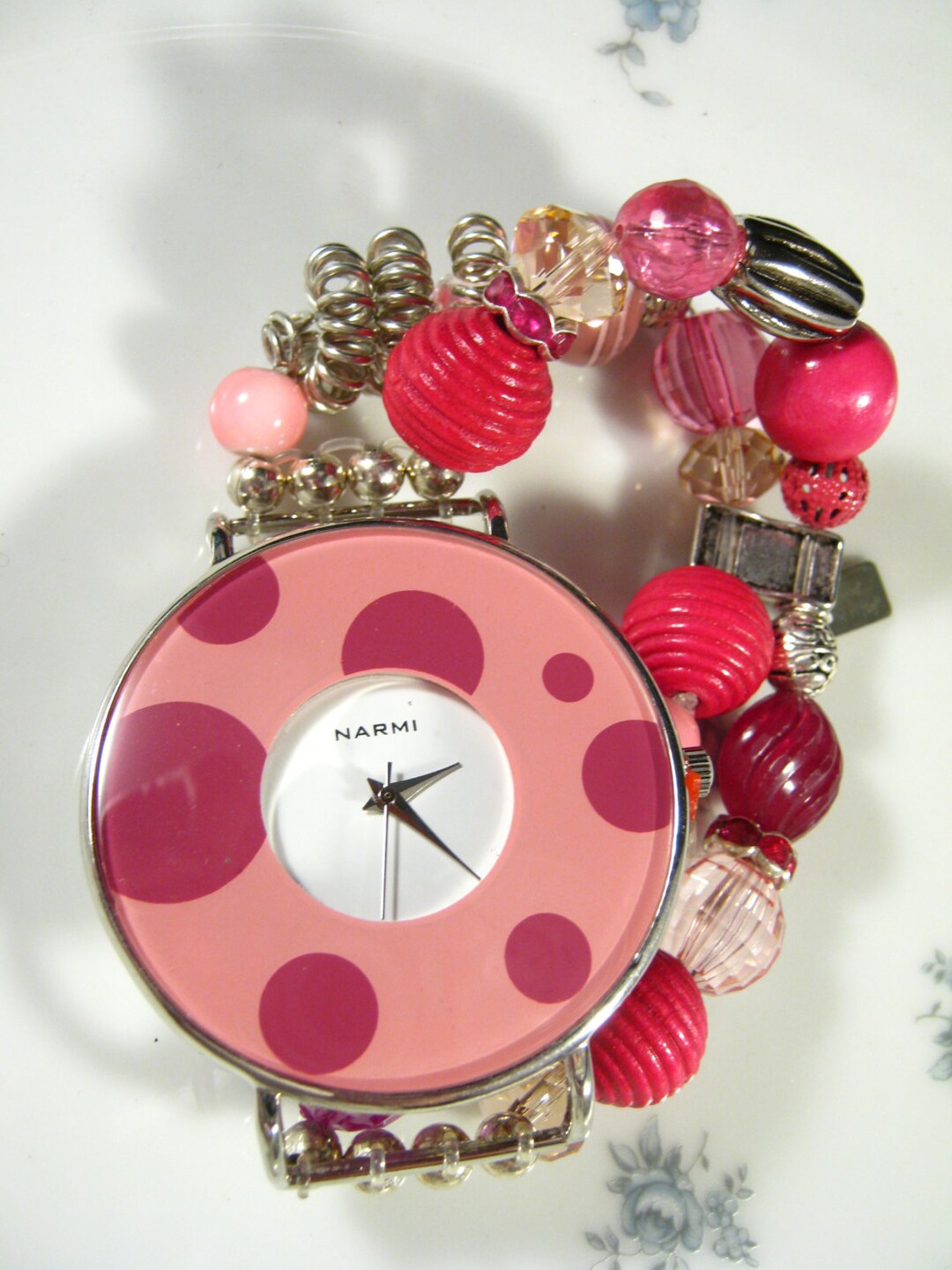 Bracelet Watch, Pink, Rose, Silver, Stretch, Polka Dot, Glass, Crystal ...