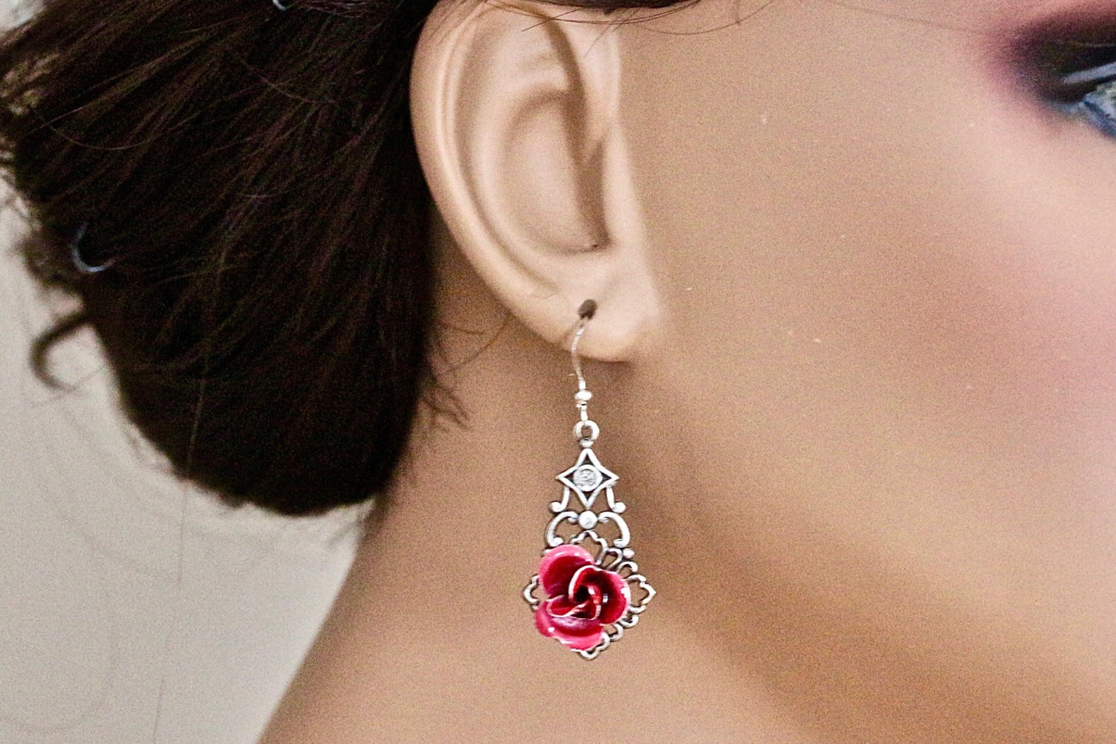 Vintage Enamel Rose Earrings, Reclaimed Assemblage, Silver Pierced ...