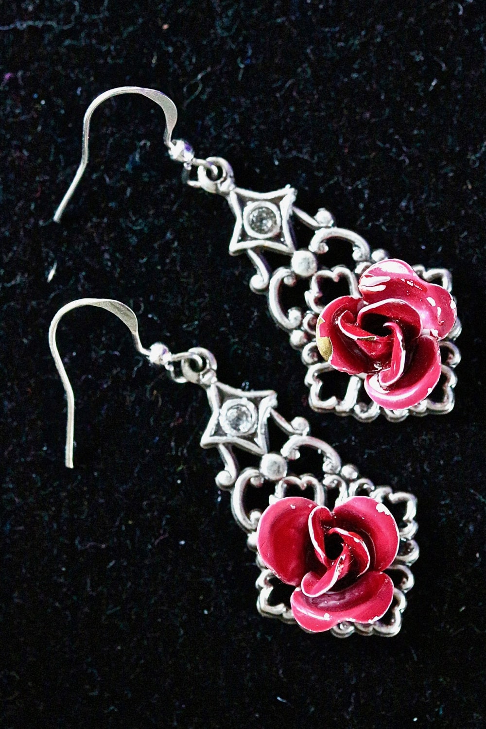 Vintage Enamel Rose Earrings, Reclaimed Assemblage, Silver Pierced ...