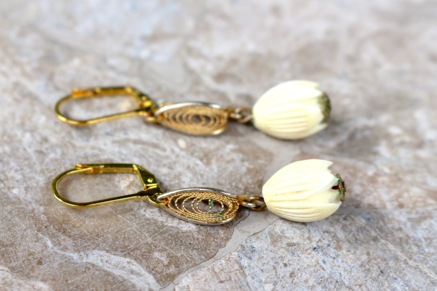 Vintage Celluloid Earrings, Ivory Tulip, Cream, Gold, Filigree, Pierced ...